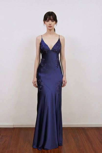 Vintage Silk Satin Beaded Backless Navy Blue Prom Dress Formal Gown – VOAND