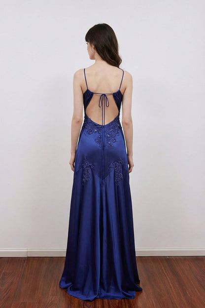 Vintage Silk Satin Beaded Backless Navy Blue Prom Dress Formal Gown – VOAND