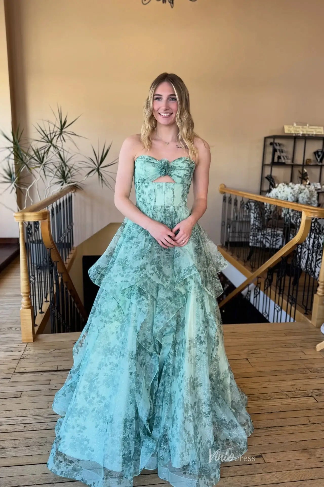 Sage Blue Floral Prom Dress with Rosette Bust Keyhole Cutout Ruffle Sk ...